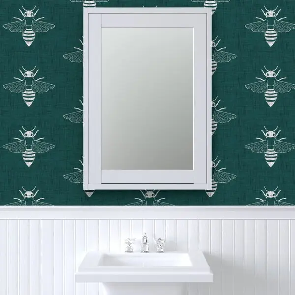 Spoonflower Green Teal Nature Texture Bees Custom Pre-pasted Wallpaper