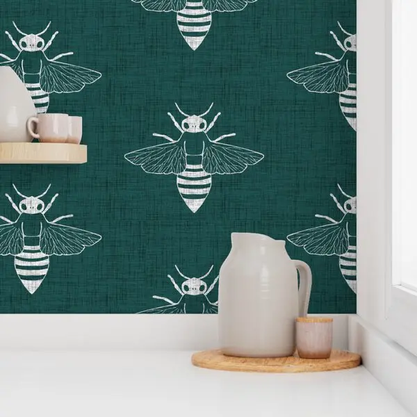 Spoonflower Green Teal Nature Texture Bees Custom Pre-pasted Wallpaper