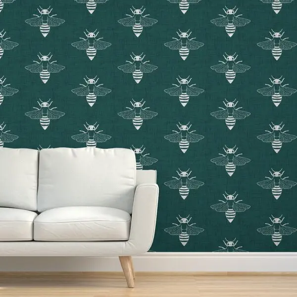 Spoonflower Green Teal Nature Texture Bees Custom Pre-pasted Wallpaper