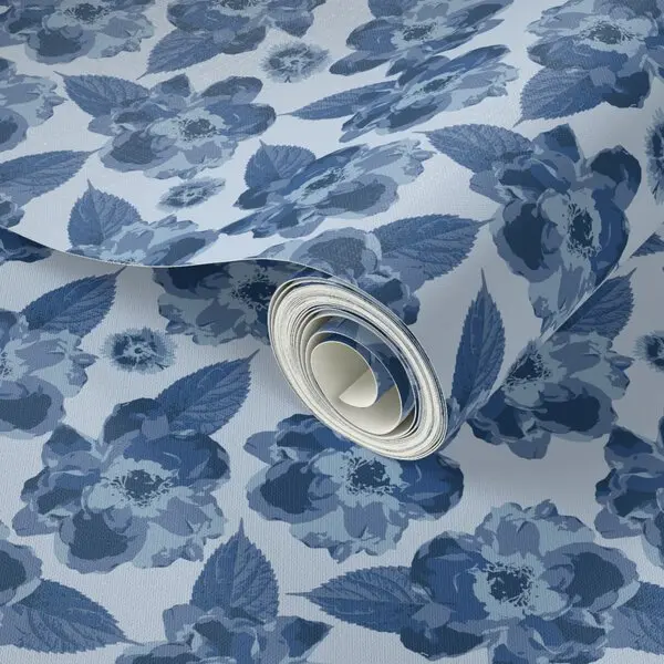 Spoonflower Flowers Colorful Monochromatic Floral Pattern Custom Pre-pasted Wallpaper - Blue