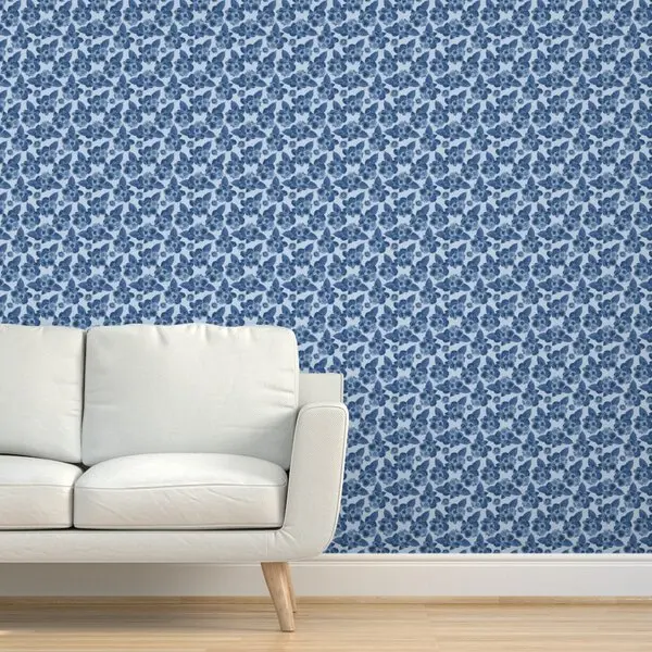 Spoonflower Flowers Colorful Monochromatic Floral Pattern Custom Pre-pasted Wallpaper - Blue