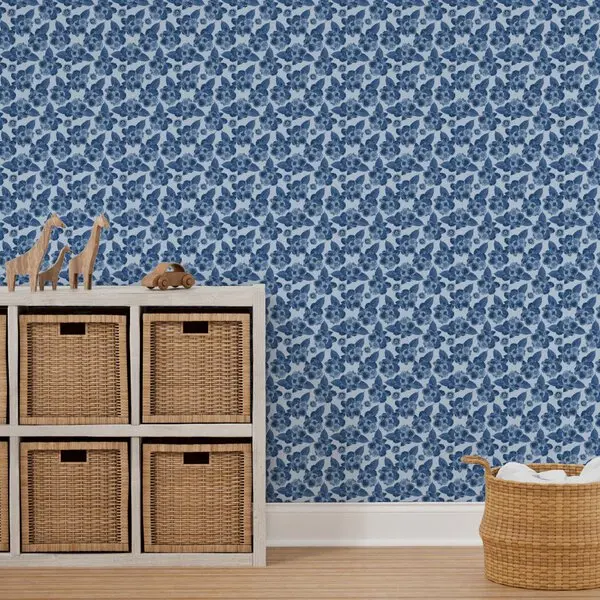 Spoonflower Flowers Colorful Monochromatic Floral Pattern Custom Pre-pasted Wallpaper - Blue