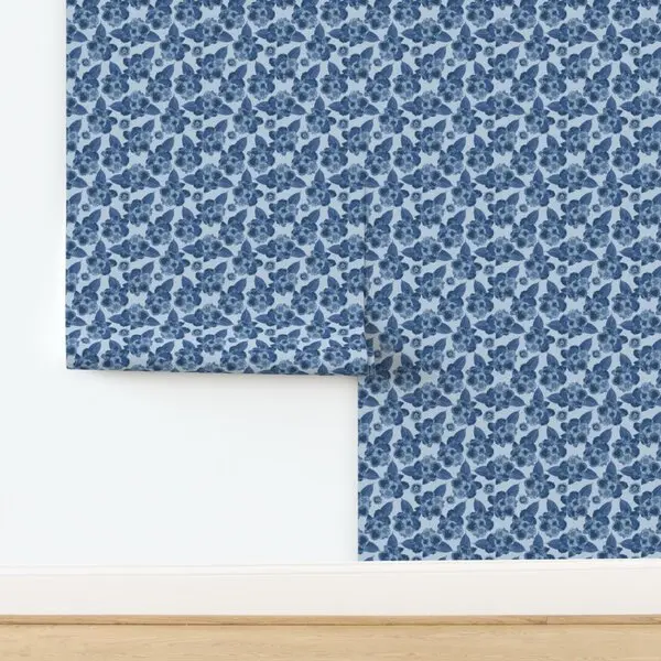 Spoonflower Flowers Colorful Monochromatic Floral Pattern Custom Pre-pasted Wallpaper - Blue