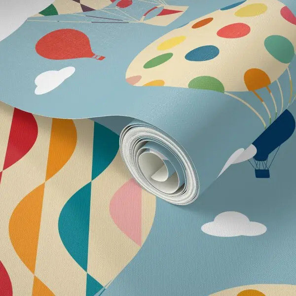 Spoonflower Air Balloons Flying Machine Airplane Hot Balloon Custom Removable Wallpaper - Blue,white,teal