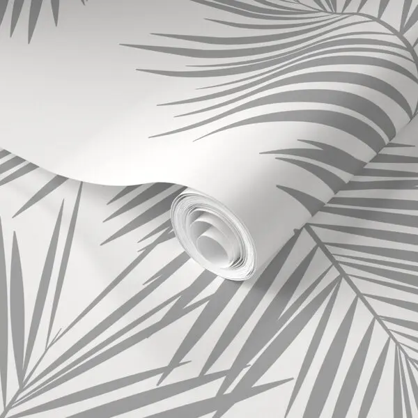 Spoonflower Palm Leaf Leaves Tree Tropical Plant Summer White Traditional Wallpaper - Gray,white