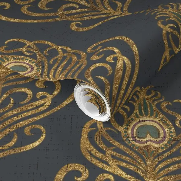 Spoonflower Grey Gold Peacock Feather Art Nouveau Golden Custom Pre-pasted Wallpaper - Gray,brown,green