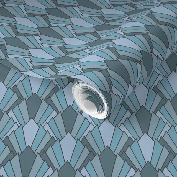 Spoonflower Blues Geometric Art Deco Doll Fan Custom Pre-pasted Wallpaper - Blue
