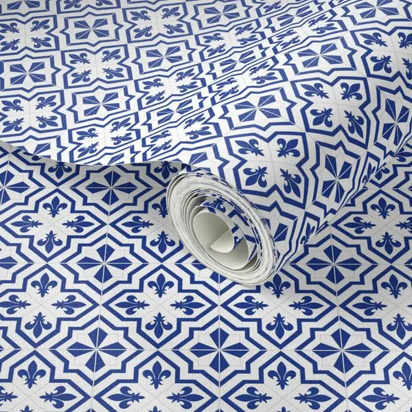 Spoonflower Fleur De Lis Delft Blue Custom Pre-pasted Wallpaper - Blue,white,gray