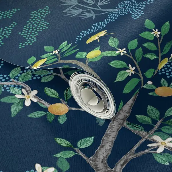 Spoonflower Green Blue Birds Tree Oranges Lemons Custom Pre-pasted Wallpaper - Blue,green,gray