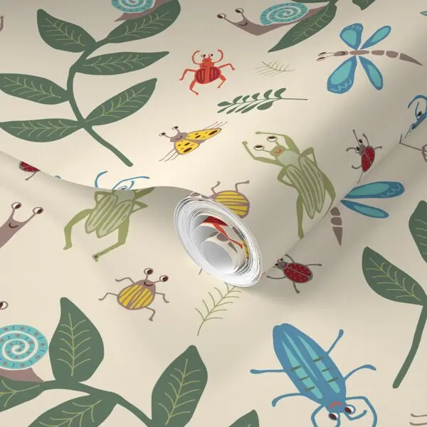 Spoonflower Nature Bugs Garden Critters Insects Creepy Custom Pre-pasted Wallpaper - Beige,green,gray