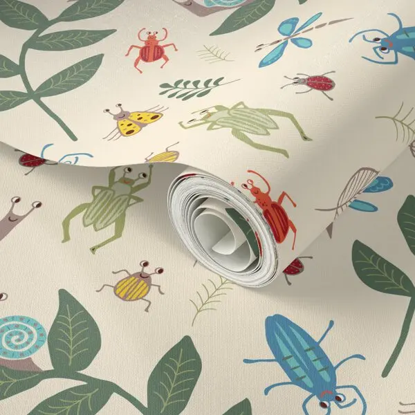 Spoonflower Nature Bugs Garden Critters Insects Creepy Traditional Wallpaper - Beige,green,gray