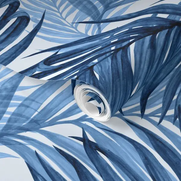 Spoonflower White Blue Leaves Floral Nature Jungle Summer Custom Pre-pasted Wallpaper - Blue,white