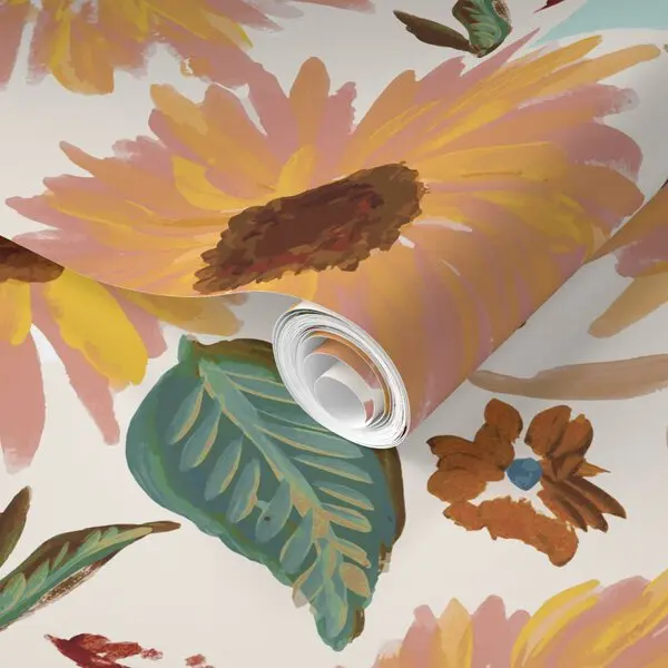 Spoonflower Amber Sunflower Jumbo Custom Pre-pasted Wallpaper - Pink,brown,green