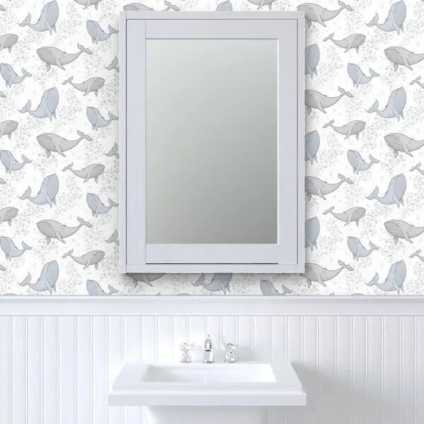 Spoonflower Neutral Whales Humpback Ocean Bubbles Beach Custom Pre-pasted Wallpaper