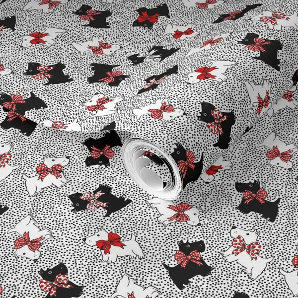 Spoonflower Black And White Ribbons Scottie Dogs Vintage Retro Traditional Wallpaper - Gray,brown,red