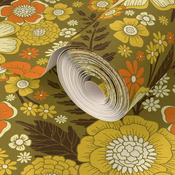 Spoonflower Retro Vintage Floral Pattern Green Hippie 70s Custom Pre-pasted Wallpaper - Yellow,green,brown