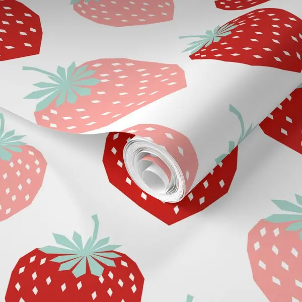 Spoonflower Strawberries Pink Red Strawberry Fruit Summer Custom Pre-pasted Wallpaper - Red,pink,gray