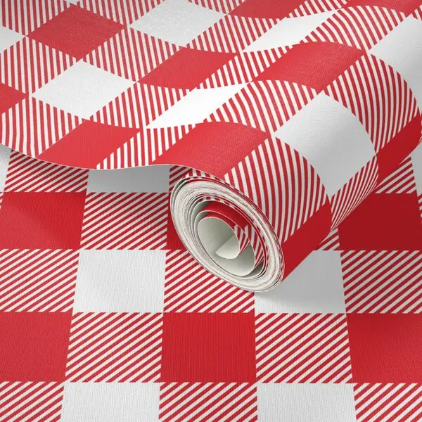 Spoonflower Gingham Red Tartan Picnic Pinup Rockabilly Checked Custom Removable Wallpaper - Red,white,gray