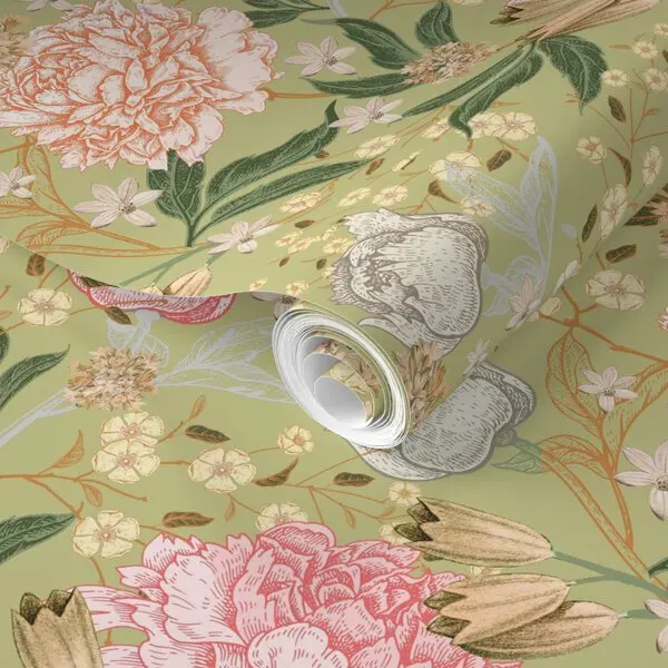 Spoonflower Pink Flowers Leaves Brown Rose Garden Peonies Custom Pre-pasted Wallpaper - Green,pink,brown