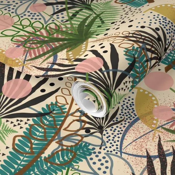 Spoonflower Modern Garden Paradise Grey Abstract Green Gold Custom Pre-pasted Wallpaper - Green,brown