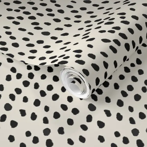 Spoonflower Dots Abstract Scatter Black Cream White Animal Custom Pre-pasted Wallpaper - Black,beige,gray