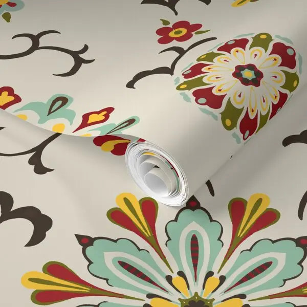 Spoonflower Green Blue Yellow Flowers Red Brown Floral Custom Pre-pasted Wallpaper - Beige,brown