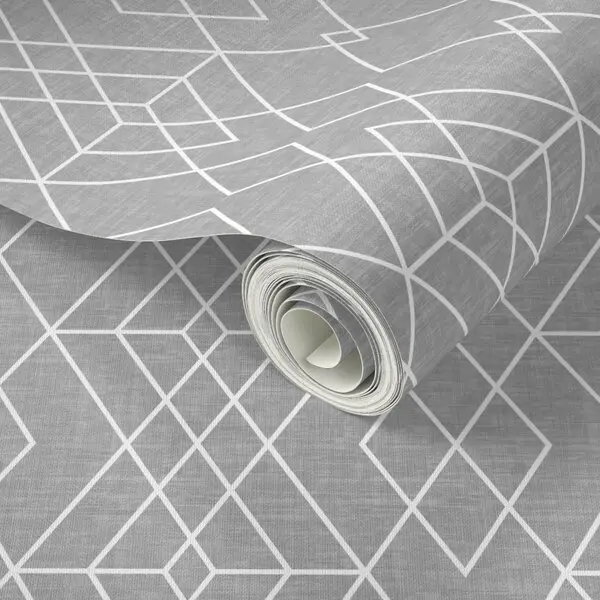 Spoonflower Grid Texture Gray White Lines Diamond Stripes Custom Pre-pasted Wallpaper - Gray,white