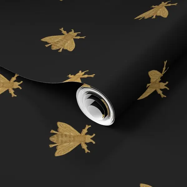 Spoonflower Black Gold Antique Bee Gilt Regency Napoleon Custom Pre-pasted Wallpaper - Black,brown,green