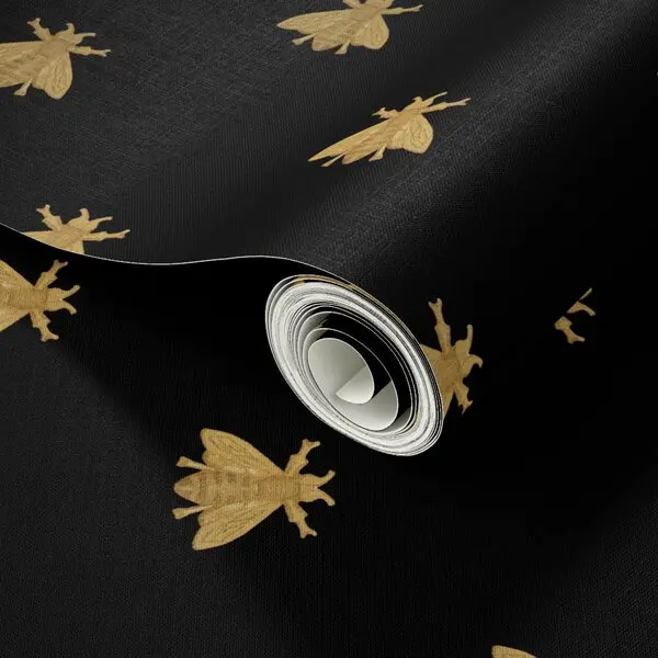Spoonflower Black Gold Antique Bee Gilt Regency Napoleon Custom Pre-pasted Wallpaper - Black,brown,green