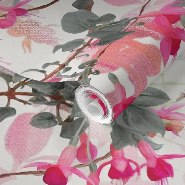 Spoonflower Floral Fuchsia Garden Magenta Painting Botanical Traditional Wallpaper - Gray,red