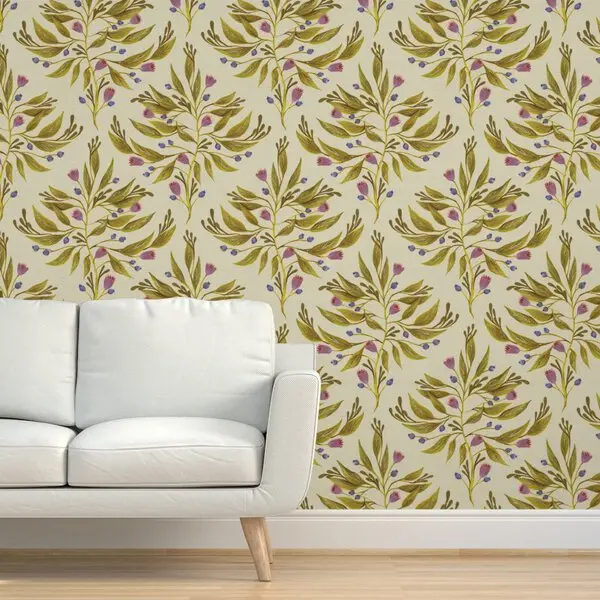Spoonflower Large Leaves And Berries On Beige 100% Natural Sisal Grasscloth Wallcovering