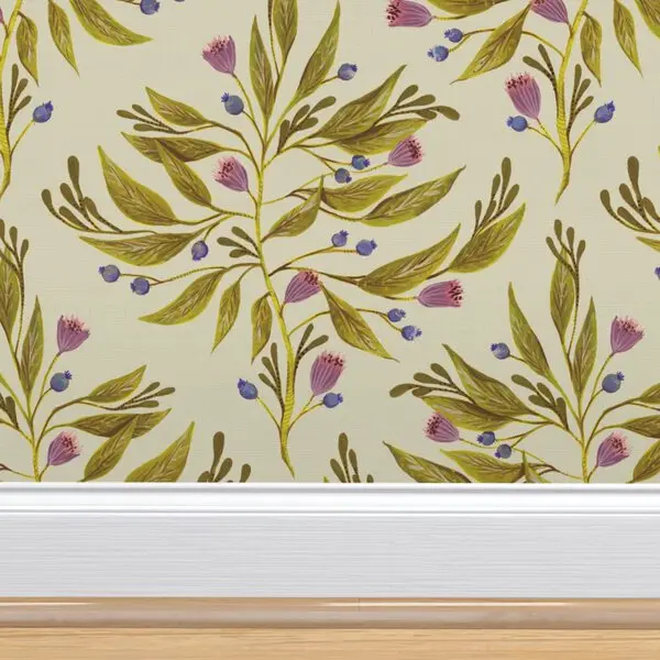 Spoonflower Large Leaves And Berries On Beige 100% Natural Sisal Grasscloth Wallcovering