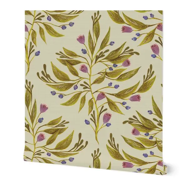 Spoonflower Large Leaves And Berries On Beige 100% Natural Sisal Grasscloth Wallcovering