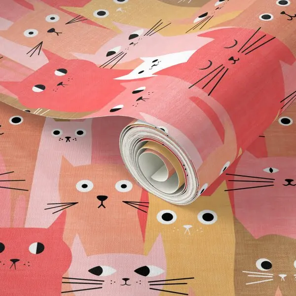 Spoonflower Cats Pink Cute Red Gold Animals Colorful Custom Pre-pasted Wallpaper - Pink,orange,brown