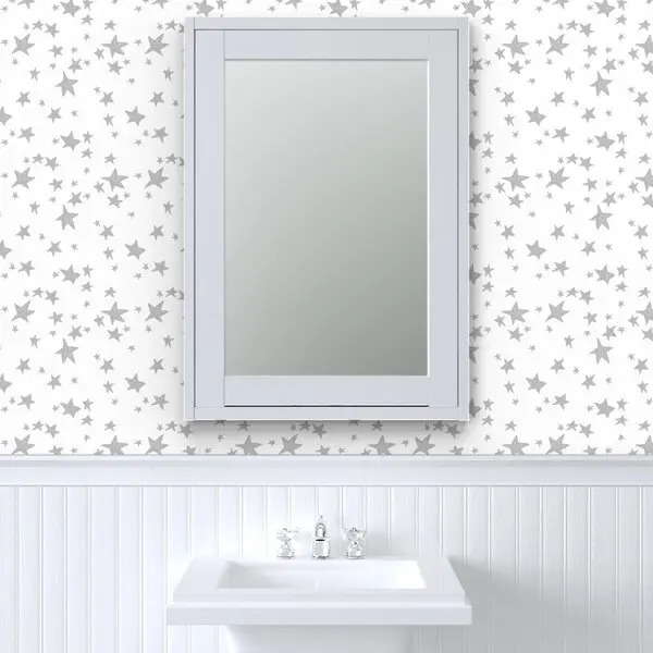 Spoonflower Stars White Gray Star Nursery Greyscale Scandi Custom Removable Wallpaper - Gray,white