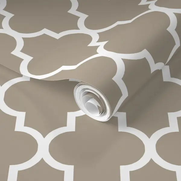 Spoonflower Mocha Moroccan Warm Ogee Quatrefoil Traditional Wallpaper - Gray,white,beige