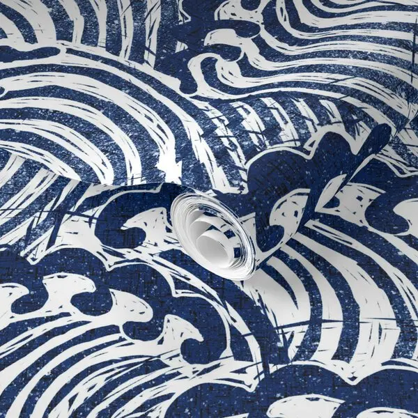 Spoonflower Blue Japanese Decor Waves Indigo Custom Pre-pasted Wallpaper - Blue,white,gray