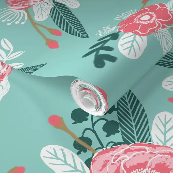 Spoonflower Flower Flowers Floral Mint Baby And Pink Florals Custom Pre-pasted Wallpaper - Teal,red,green