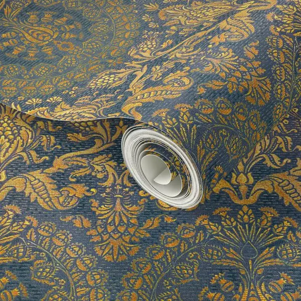 Spoonflower Blue Gold Damask Paisley Persian Medieval Look Custom Removable Wallpaper - Blue,gold,brown