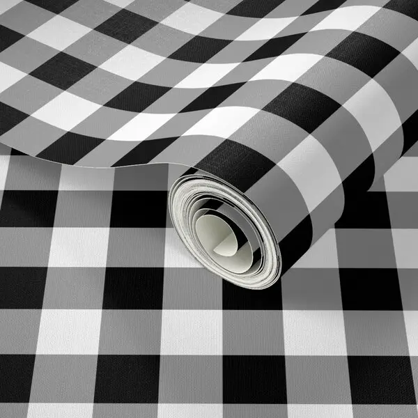 Spoonflower Black And White Grey Buffalo Gingham Squares Check Custom Pre-pasted Wallpaper - Gray,black,white