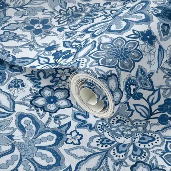 Spoonflower Floral Monochromatic Color Of The Year Classic Traditional Wallpaper - Blue,white