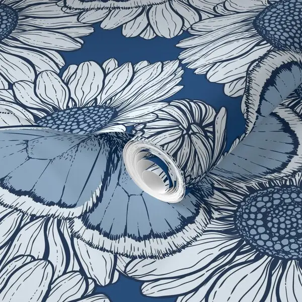 Spoonflower Leaves Butterfly Floral Nature Spring Traditional Wallpaper - Blue,white