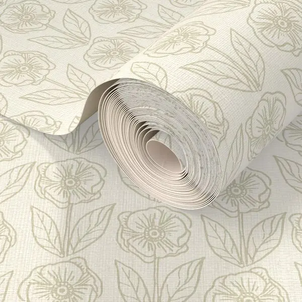 Spoonflower Cream Flowers Taupe Sand Neutral Line Drawing 100% Natural Sisal Grasscloth Wallcovering - Beige
