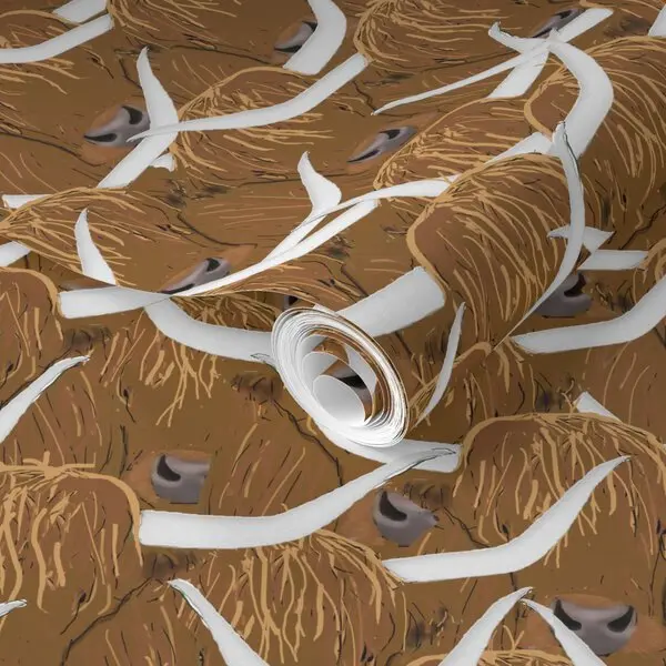 Spoonflower Scottish Highland Cows Cattle Farm Brown Cow Herd Traditional Wallpaper - Brown,white,orange