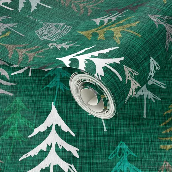 Spoonflower Dark Green Forest Woods Pine Tree Hiking Adventure Traditional Wallpaper - Green,teal,blue