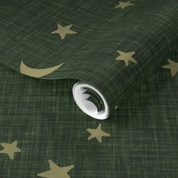 Spoonflower Green Stars Starry Sky And Moons Custom Pre-pasted Wallpaper - Green,gold,yellow