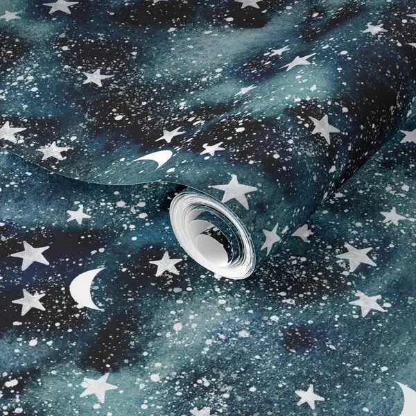 Spoonflower Stars Moons Blue Sky Starry Midnight And Custom Pre-pasted Wallpaper - Blue,green,black