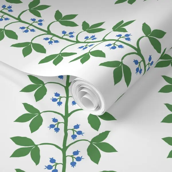 Spoonflower Stripe Green Blue Vine Nursery Berry Custom Pre-pasted Wallpaper - Green,white,blue