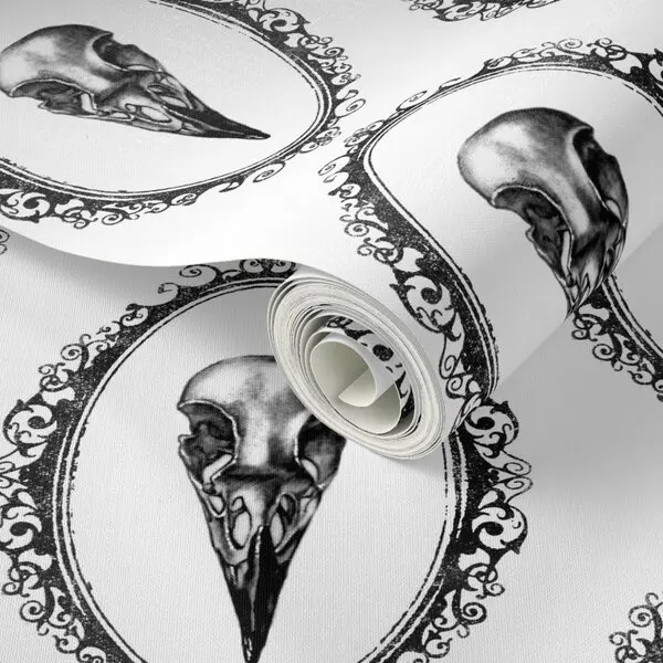 Spoonflower Black And White Raven Gothic Skull Witch Cameo Custom Pre-pasted Wallpaper - Black,white,gray