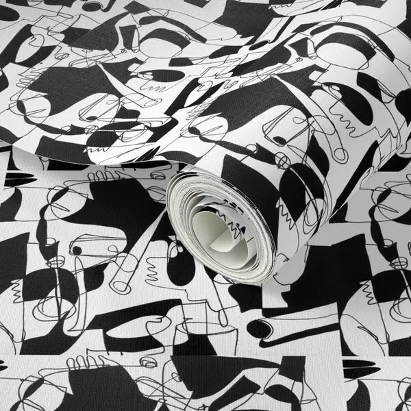 Spoonflower Black And White Graphic Swirly Picasso Custom Pre-pasted Wallpaper - Black,gray,white